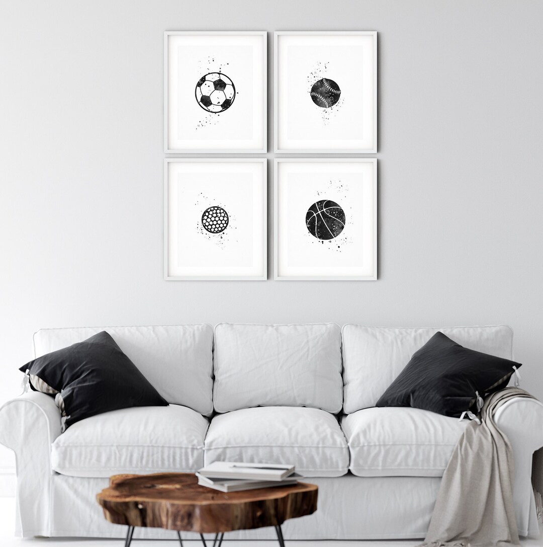 Set of 4 Sports Balls Prints, Black and White Watercolor Posters for ...