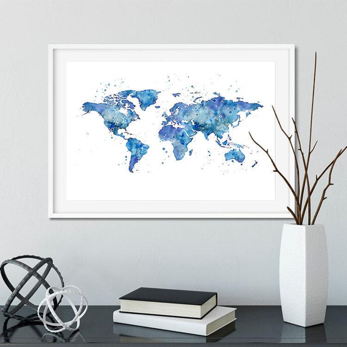 World Map Print, Blue Watercolor Artwork Home Office or School ...