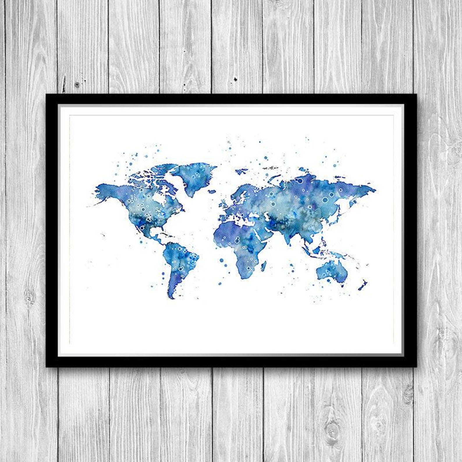 World Map Print, Blue Watercolor Artwork Home Office or School ...