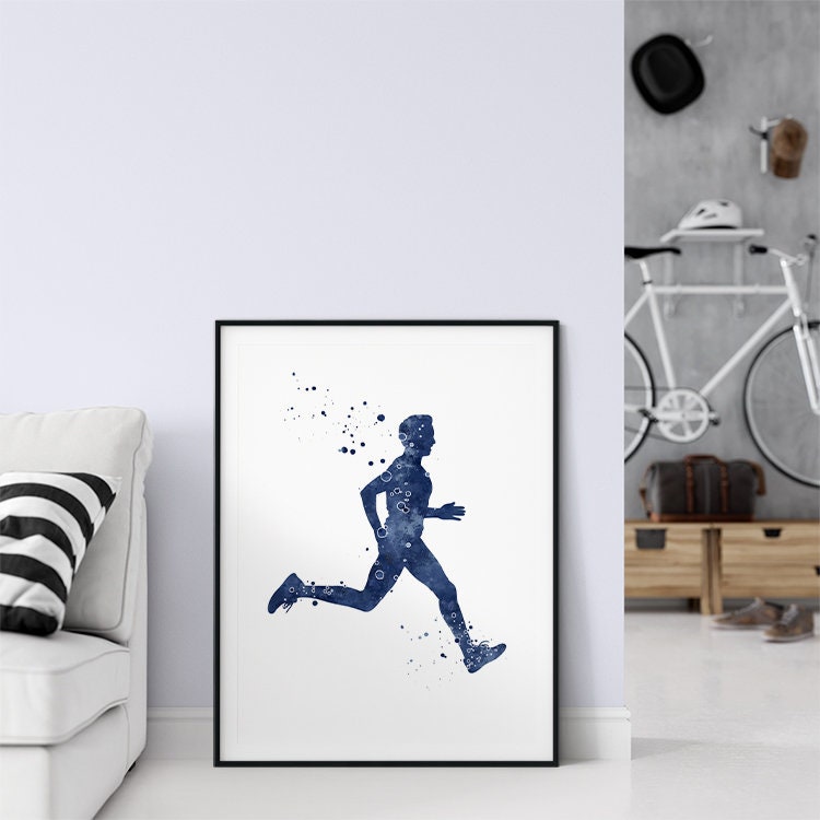 Running Poster Male Runner Navy Blue Watercolor Print Sports | Etsy
