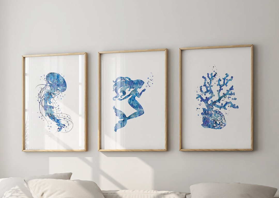 Nautical Decor, Set of 3 Blue Watercolor Prints, Mermaid, Jellyfish and ...