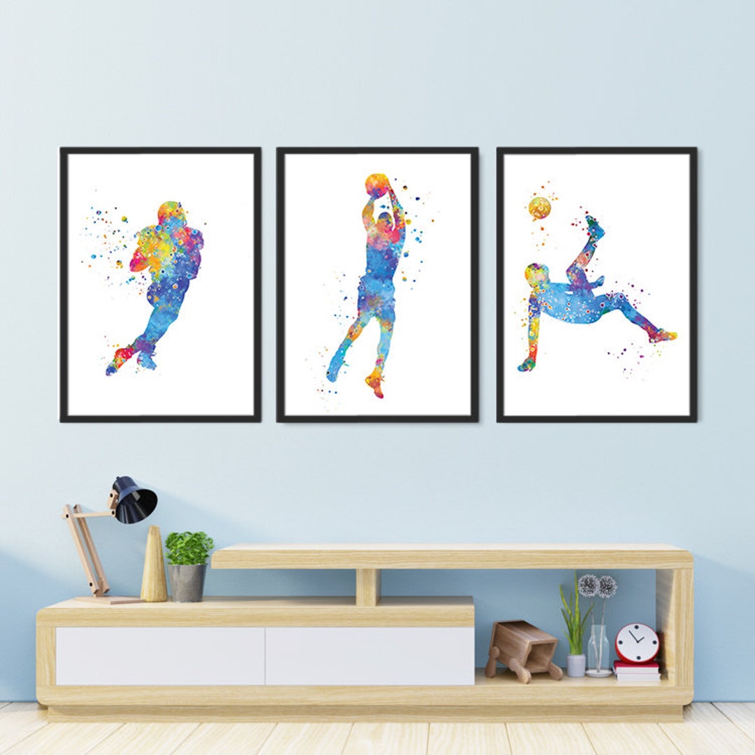 Sports Art Colorful Watercolor Prints Set of 3 Football Basketball ...