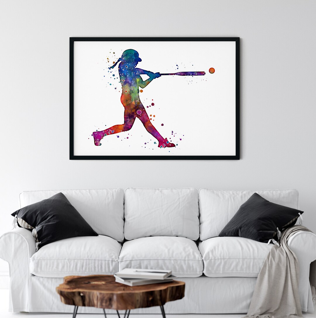 Softball Decor for Girl Room, Female Softball Player Watercolor Art ...