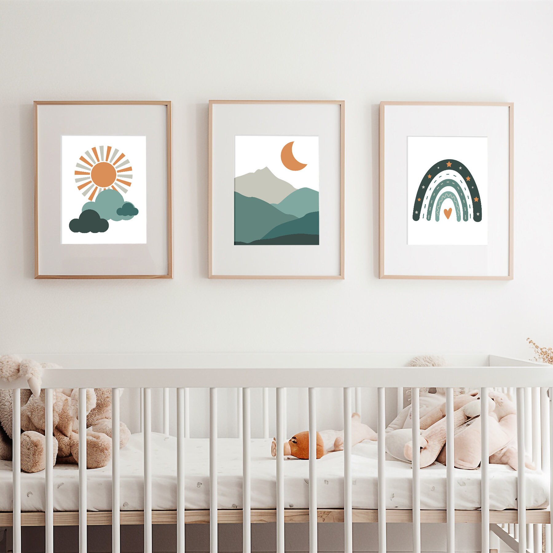 Boho Nursery Prints, Set of 3 Sun Clouds Мountains Moon and Rainbow ...