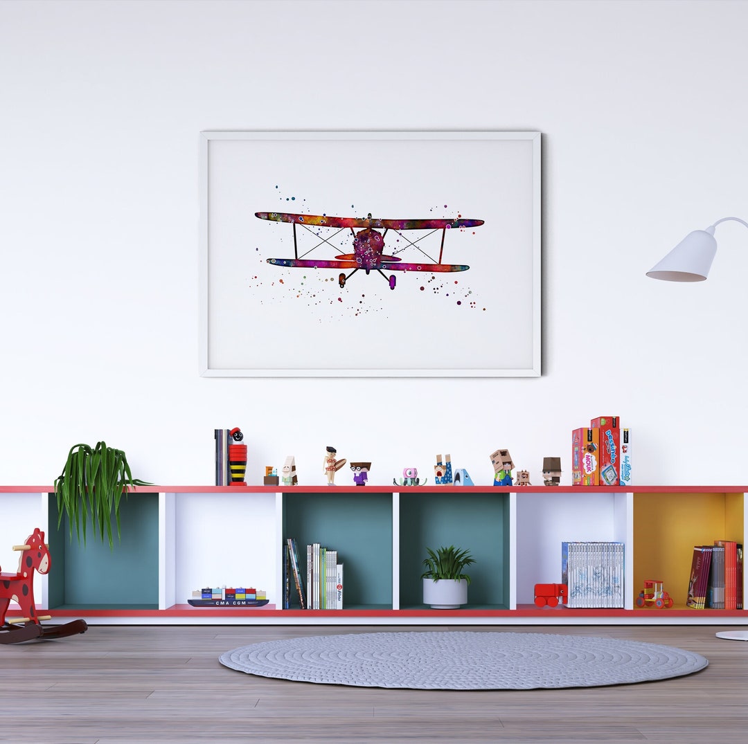 Biplane Print, Aviation Art, Colorful Watercolor Artwork for Nursery ...