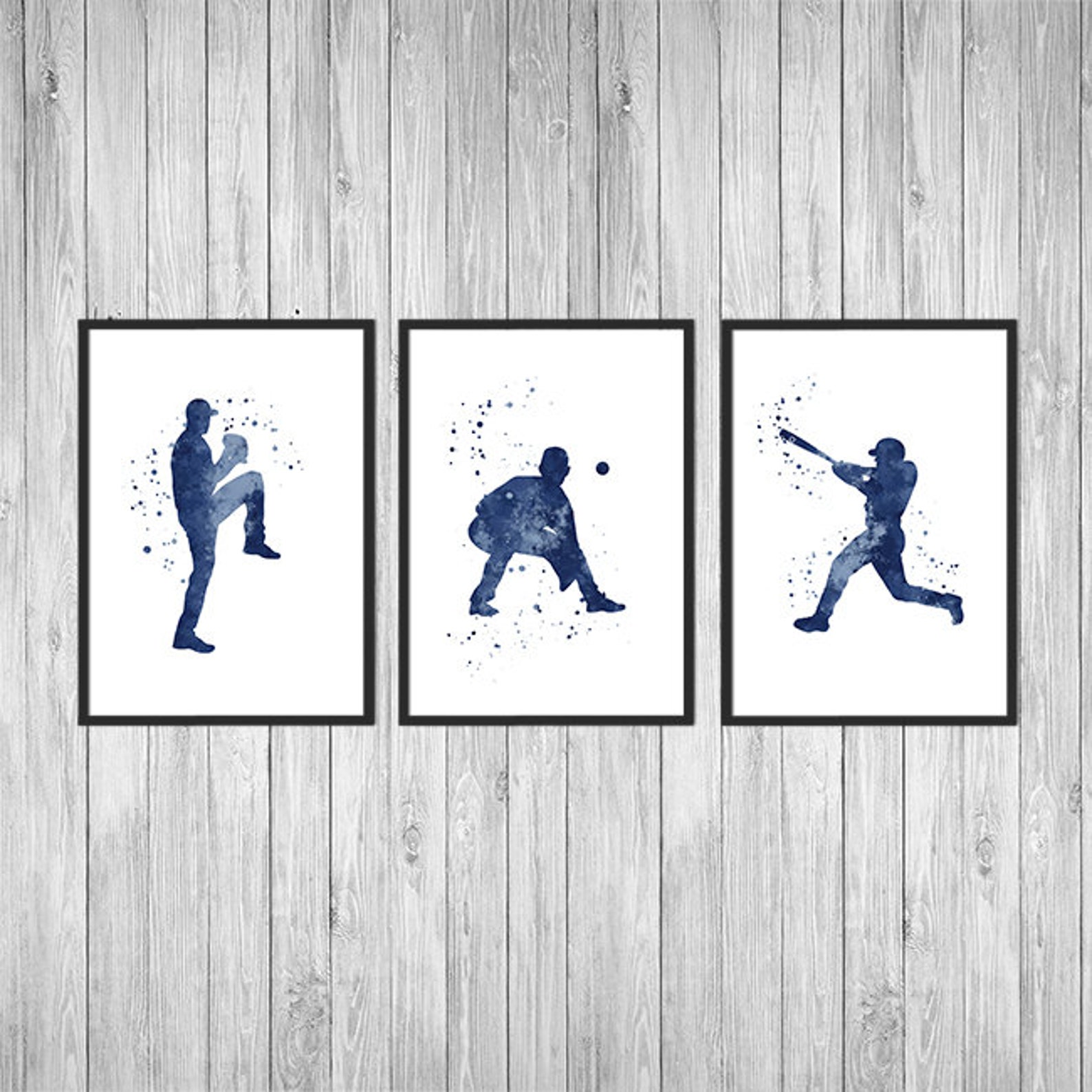 Baseball Art Print Set of 3 Baseball Batter Pitcher and | Etsy