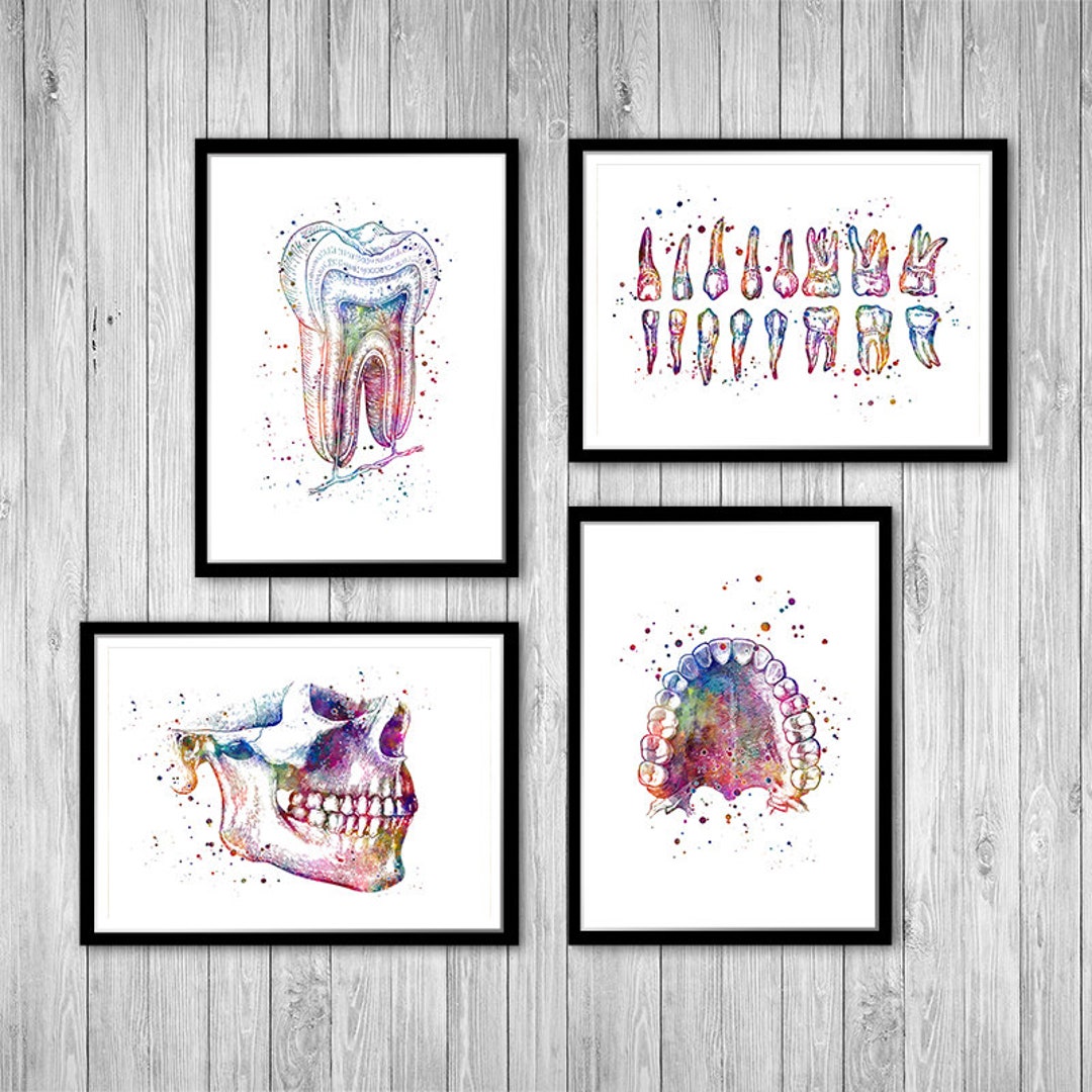 Dental Art, Dental Office Decor, Dentist Gift, Set of 4 Watercolor ...