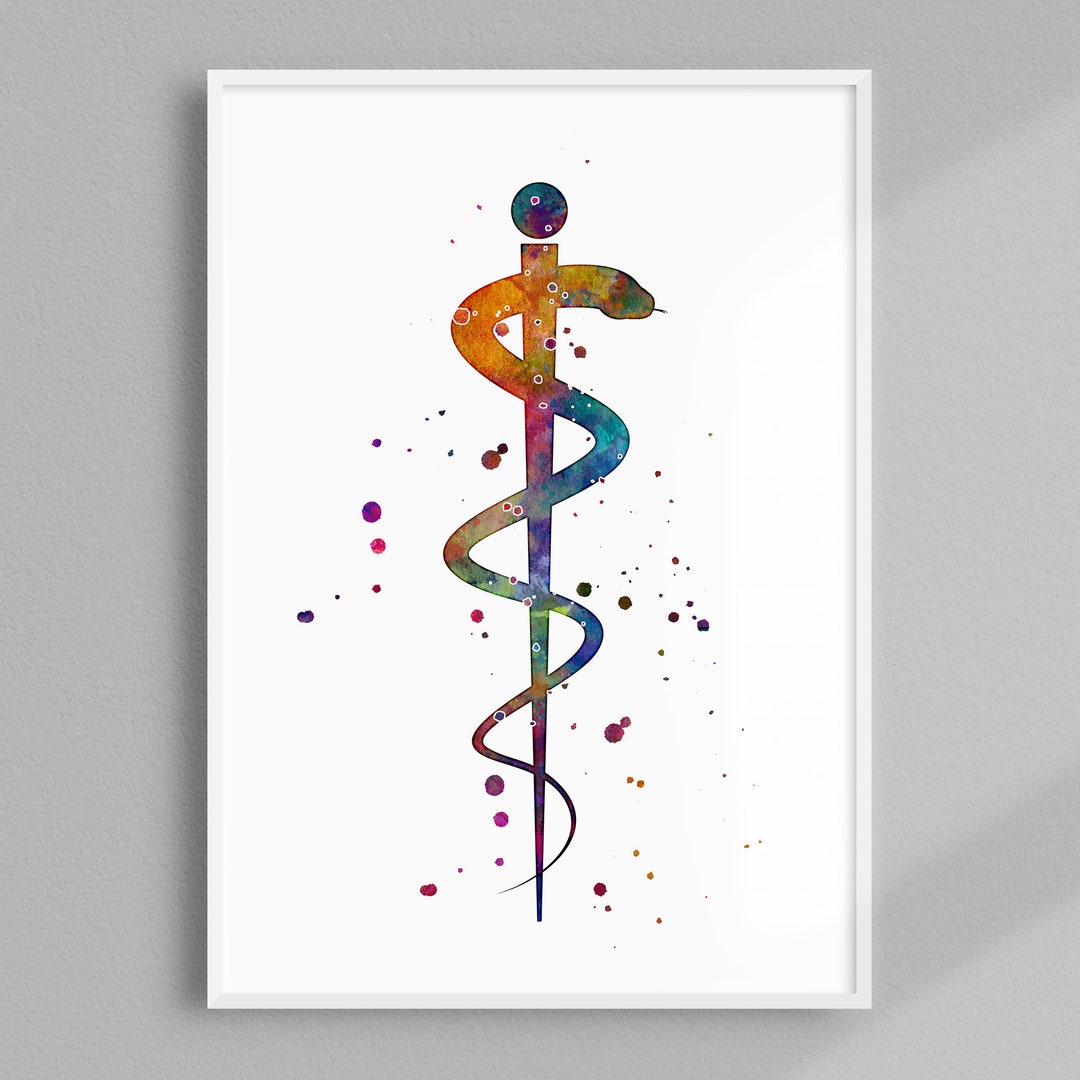 Rod of Asclepius Print, Healing and Medicine Symbol Multicolored ...