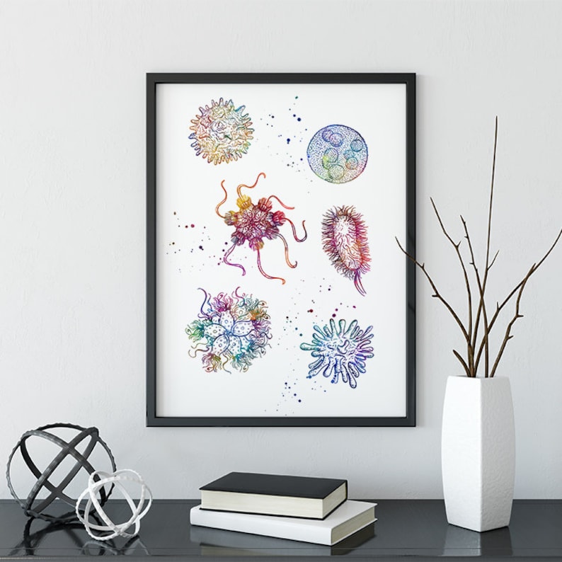 Microbiology Art Set of 3 Watercolor Prints Bacteriophage Virus E. Coli ...