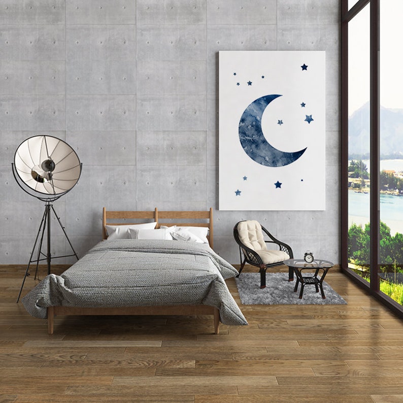 Moon and Stars Nursery Decor Navy Blue Moon Art Print - Etsy