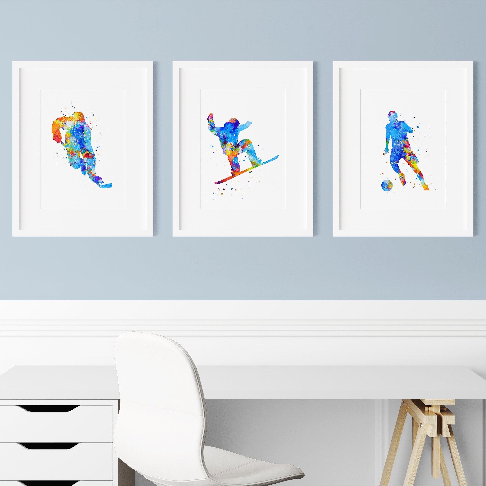 Set of 3 Sports Prints, Multicolored Watercolor Posters for Boys Room ...