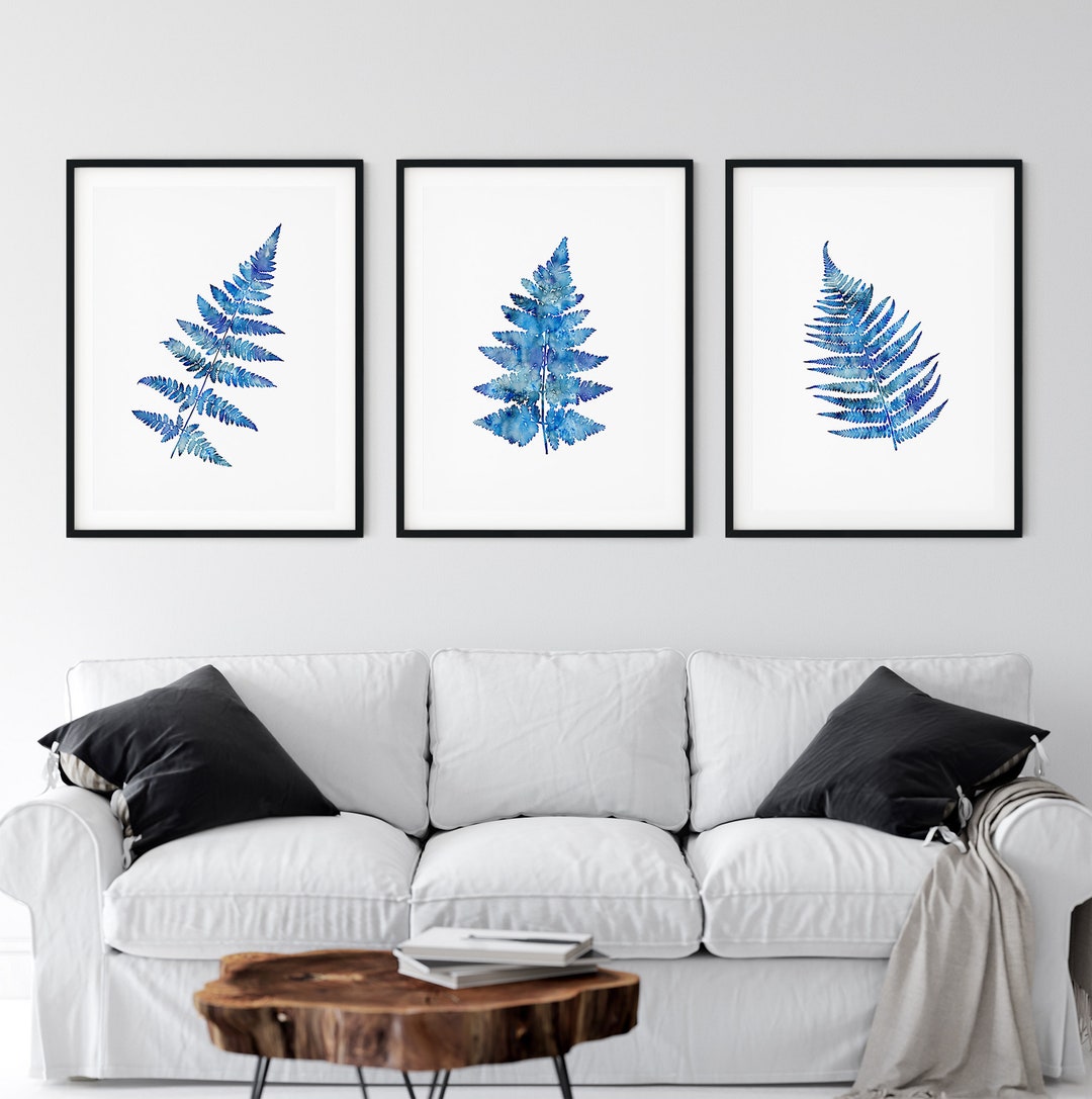 Blue Fern Print Set of 3, Large Botanical Watercolor Wall Art, Modern ...