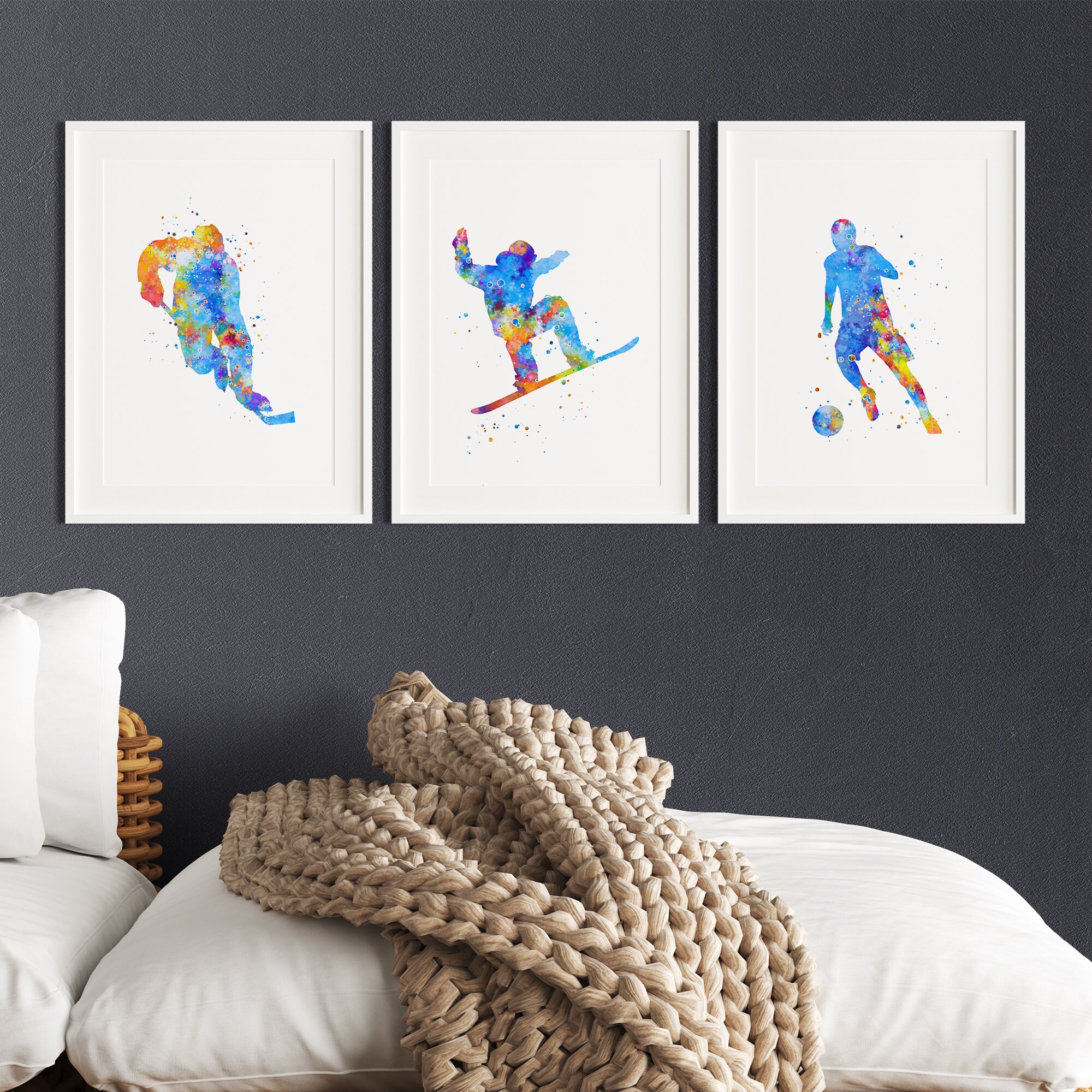 Set of 3 Sports Prints, Multicolored Watercolor Posters for Boys Room ...