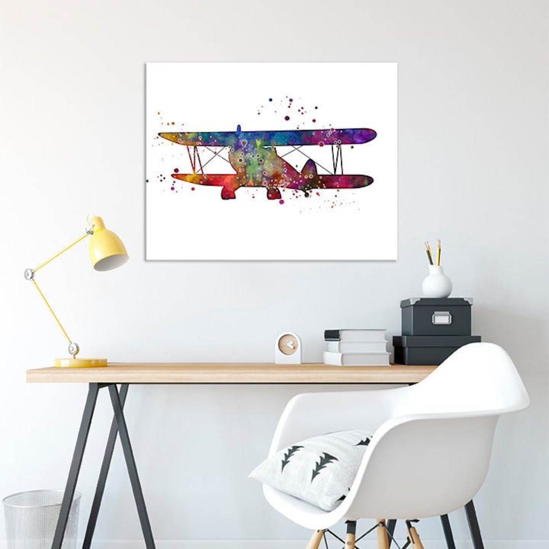 Airplane Art for Kids Room - Biplane Multicolored Watercolor Artwork ...