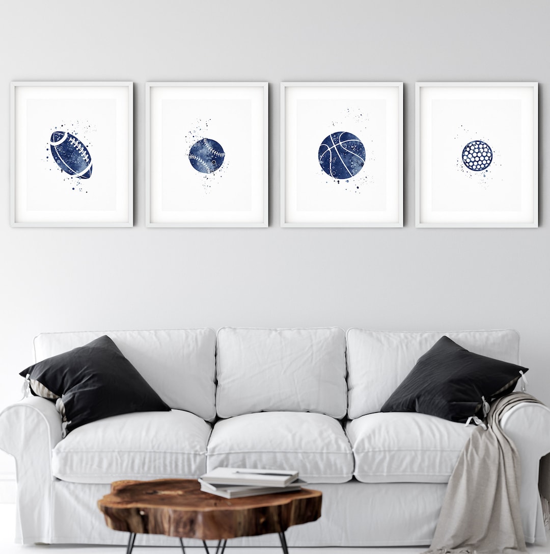Set of 4 Sports Balls Prints, Navy Blue Watercolor Posters for Teenager ...