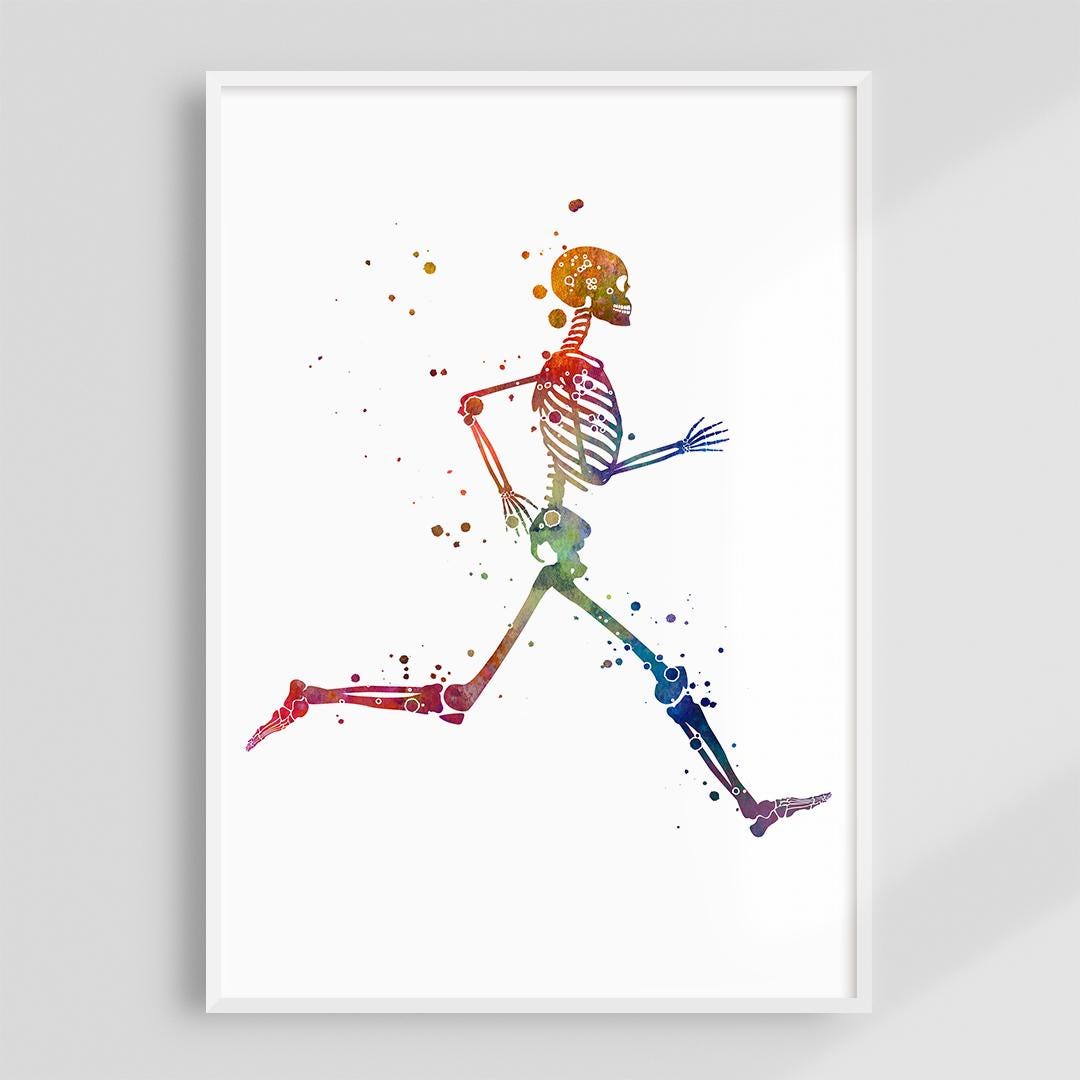 Physical Therapy Decor, Running Skeleton Watercolor Print, Sports ...