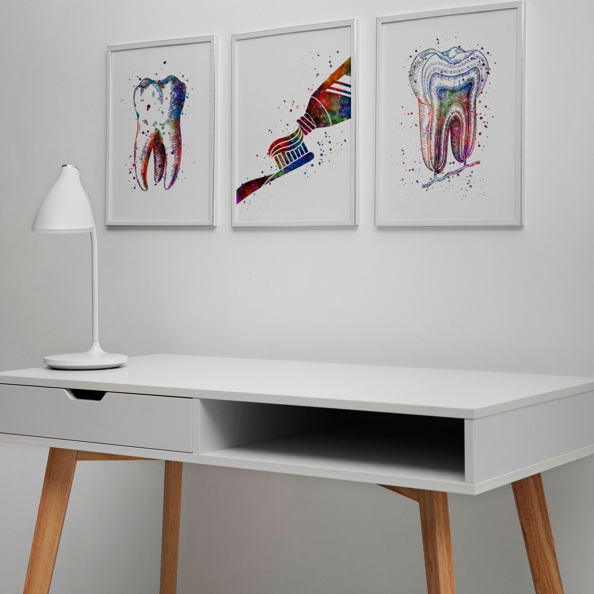 Dental Art Print Set of 3, Multicolored Watercolor Posters for Dentist ...