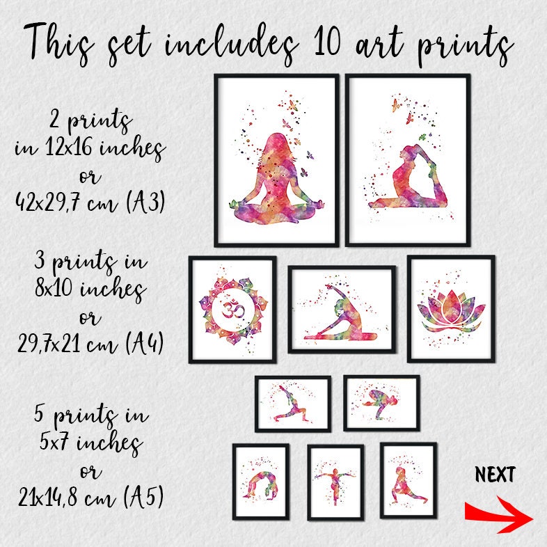 Yoga Print Set of 10 Watercolor Art Prints Yoga Studio Wall | Etsy