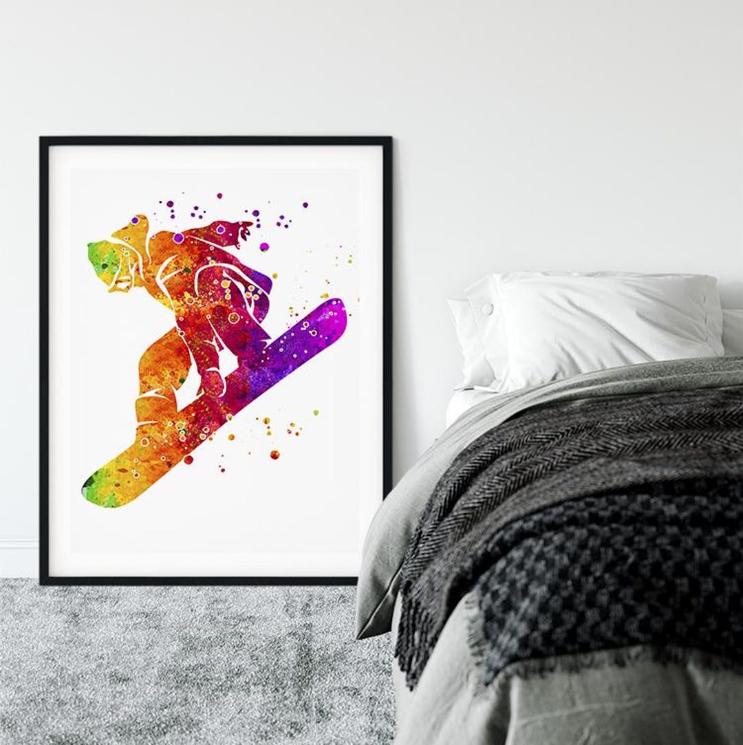 Snowboarding Wall Art for Teens Boys Room Decor, Vibrant Watercolor ...