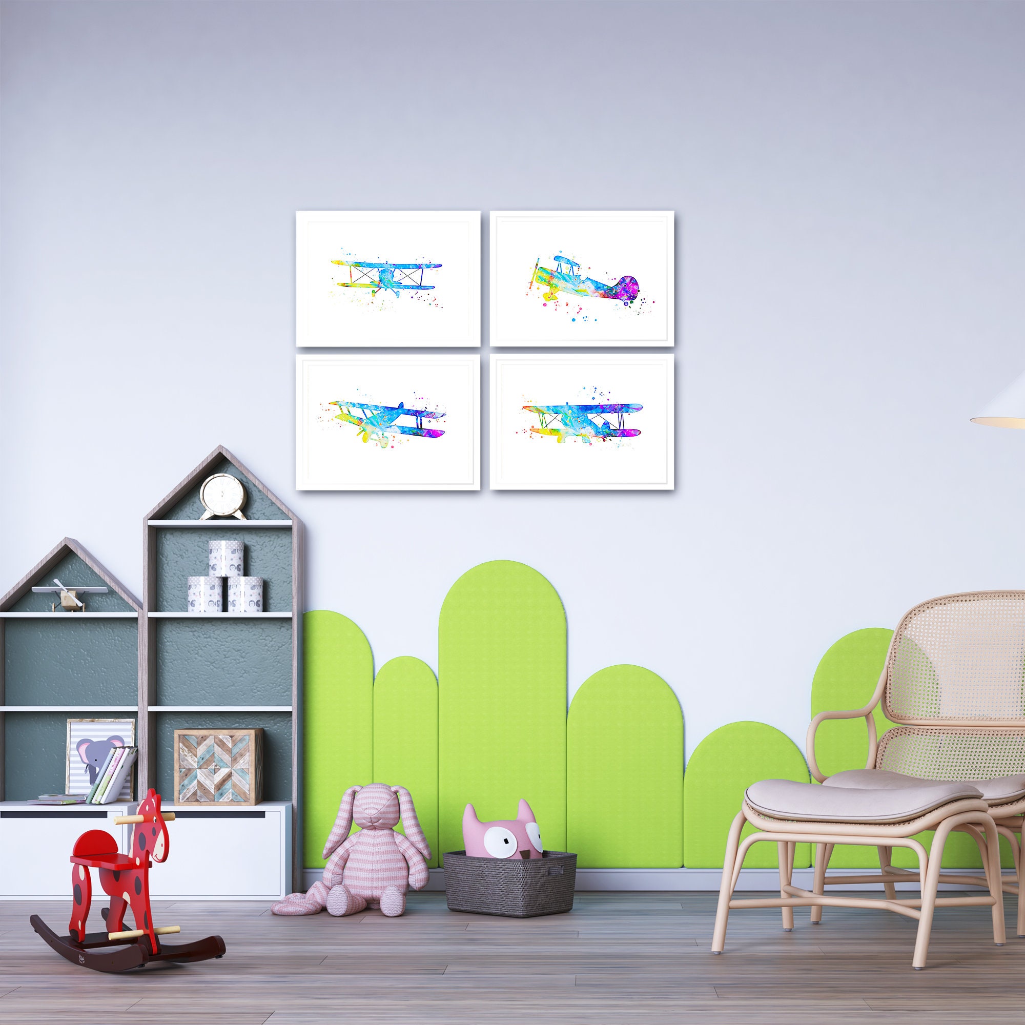 Biplane Nursery Decor, Watercolor Airplanes Set of 4 Prints, Baby Boy ...