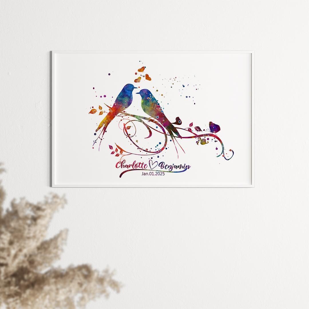 Personalised Print Birds in Love Wall Art, Anniversary Gift Idea for ...