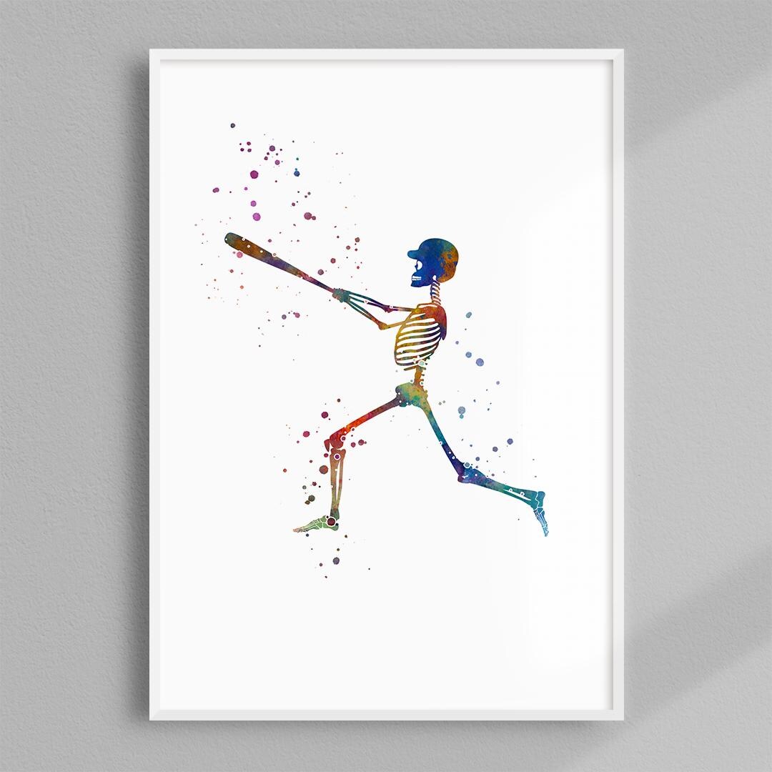 Physiotherapy Art Poster, Skeleton Baseball Player Watercolor Print ...
