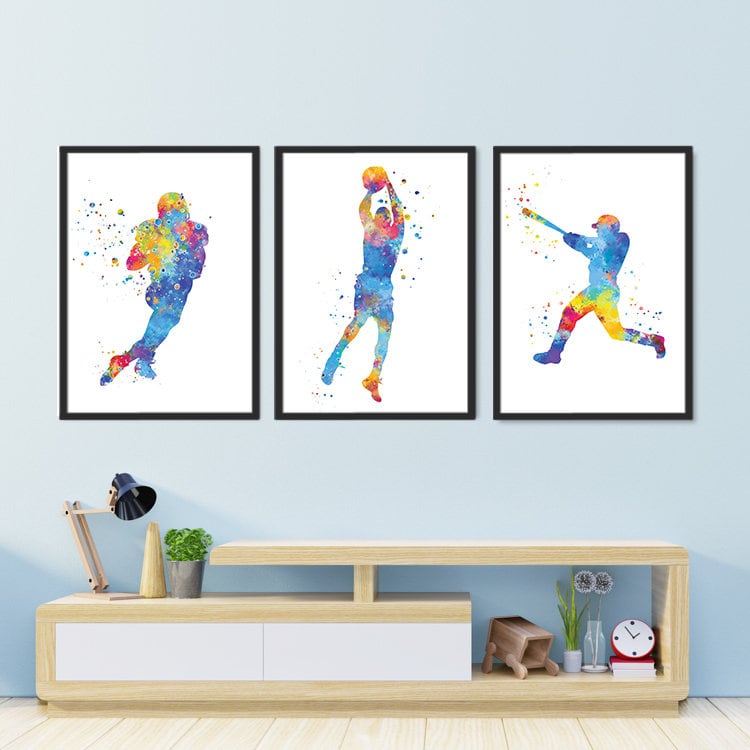 Sports Art Watercolor Prints Set of 3 Football Baseball | Etsy