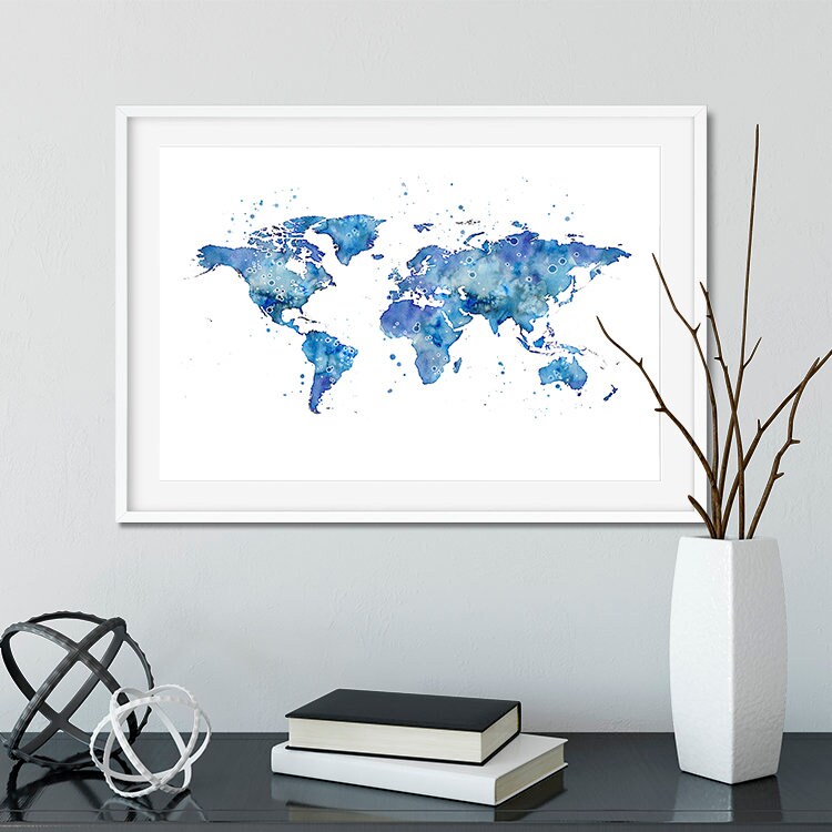 World Map Blue Watercolor Print Teacher Office Poster Class - Etsy