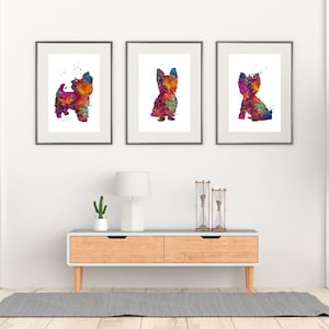 Colorful Yorkshire Terrier Prints, Set of 3 Multicolored Watercolor ...