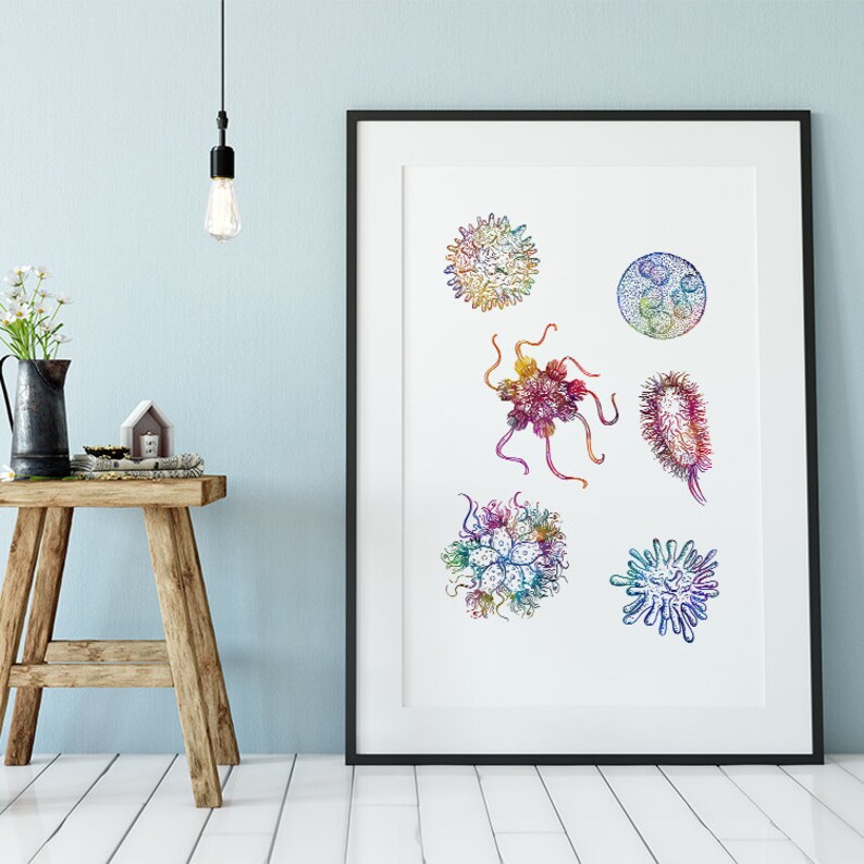 Microbiology Science Art Bacteria Watercolor Print Bioscience - Etsy
