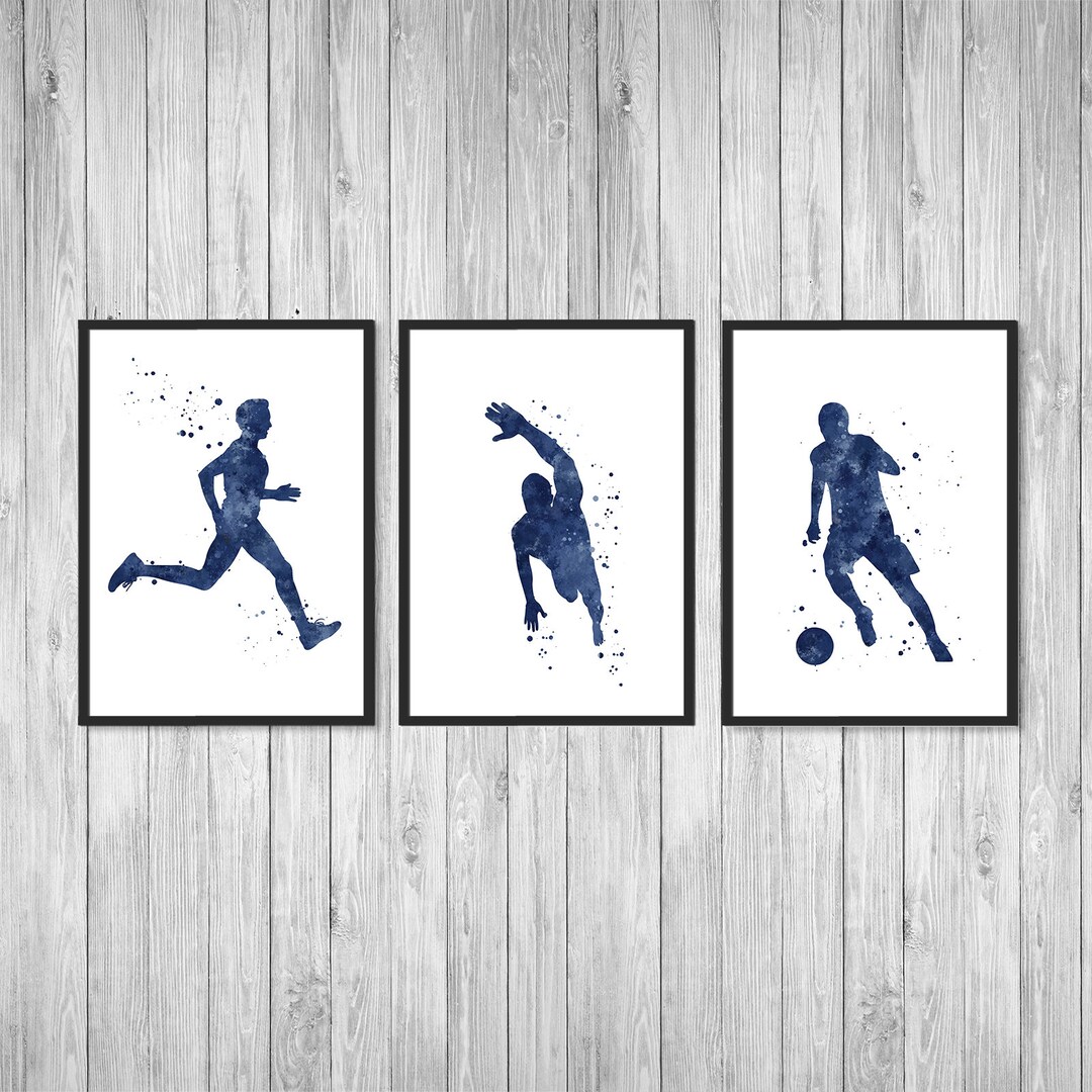 Set of 3 of Navy Blue Sports Wall Posters, Swimmer, Soccer Player and ...