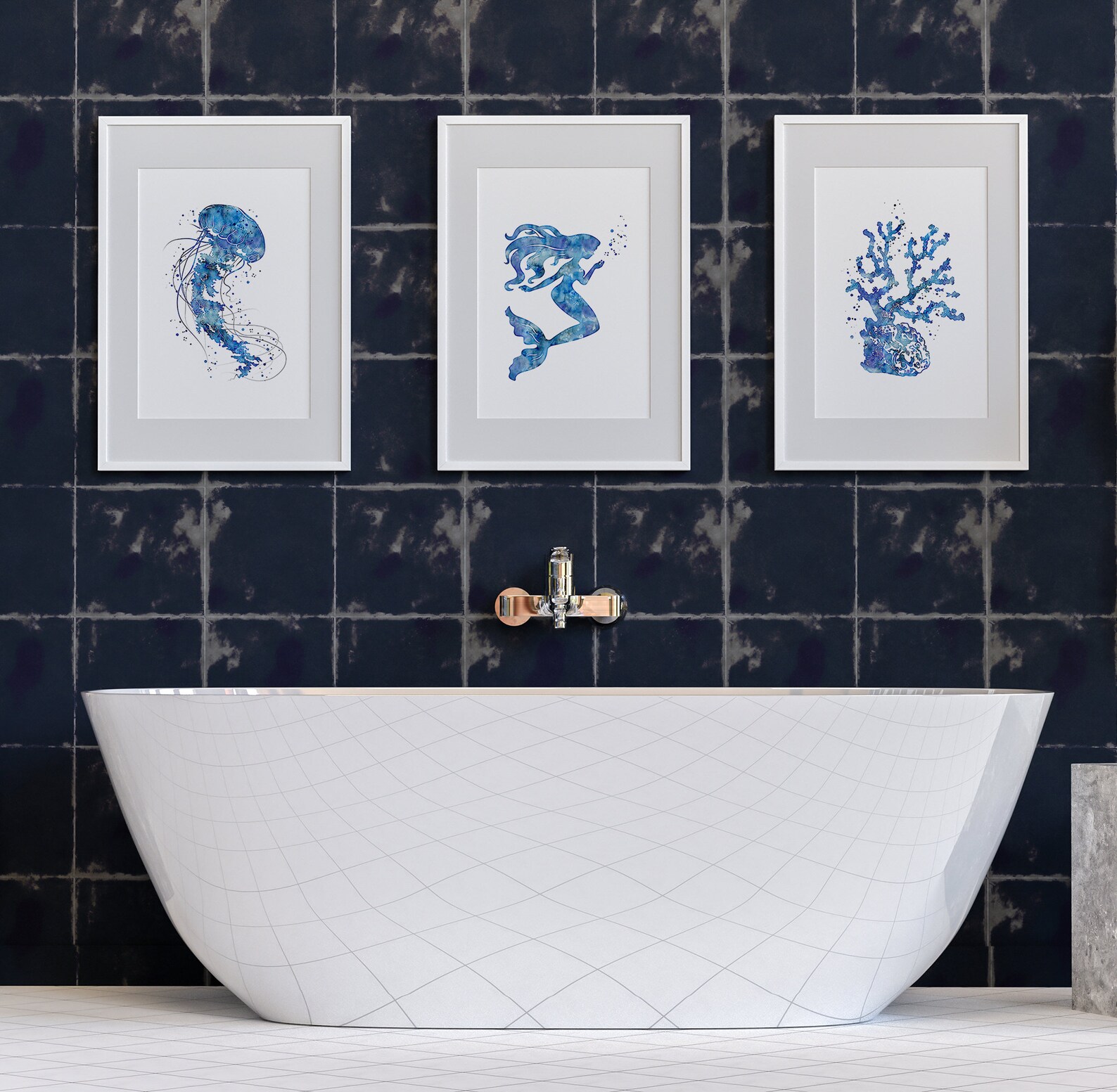 Nautical Decor, Set of 3 Blue Watercolor Prints, Mermaid, Jellyfish and ...