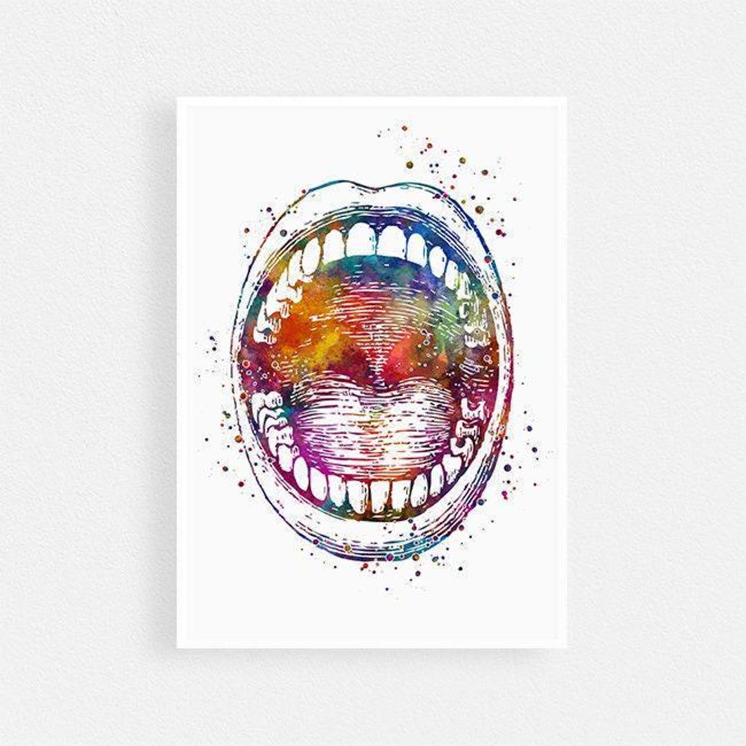 Human Anatomy Oral Cavity Print, Open Mouth Multicolored Watercolor ...