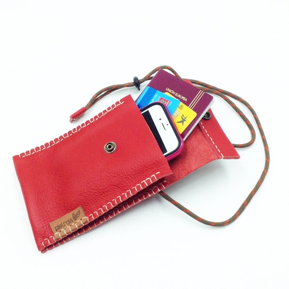 Red leather neck wallet for safe travel | Etsy