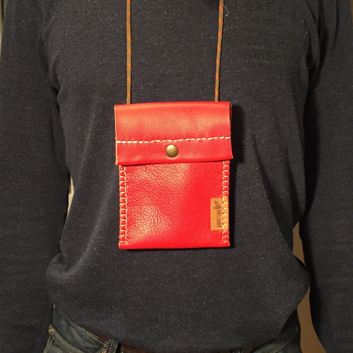 Red leather neck wallet for safe travel | Etsy
