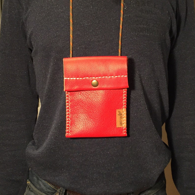 Red leather neck wallet for safe travel | Etsy