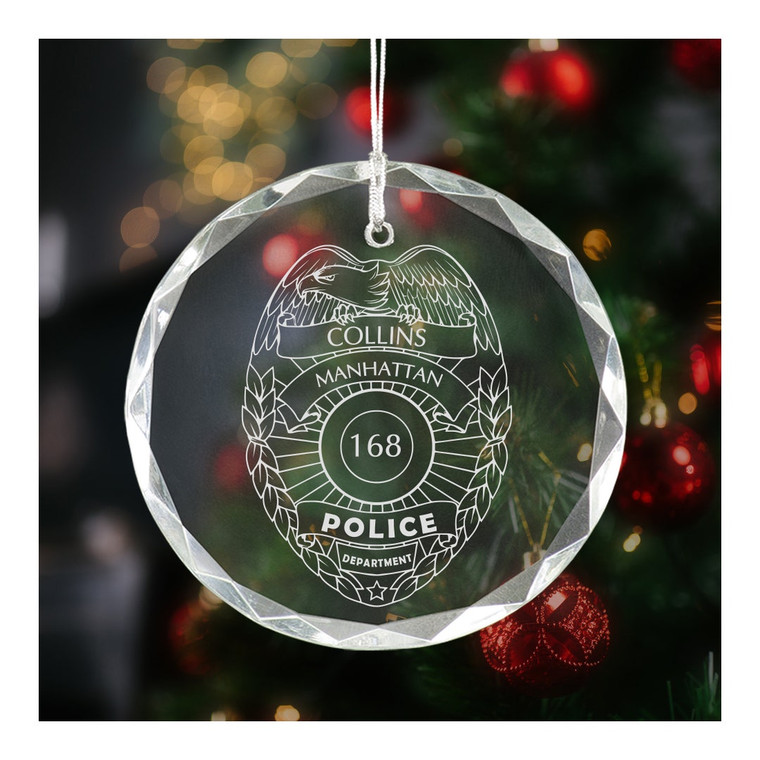 Personalized Police Badge Ornament, Custom Engraved 3.25" Glass ...