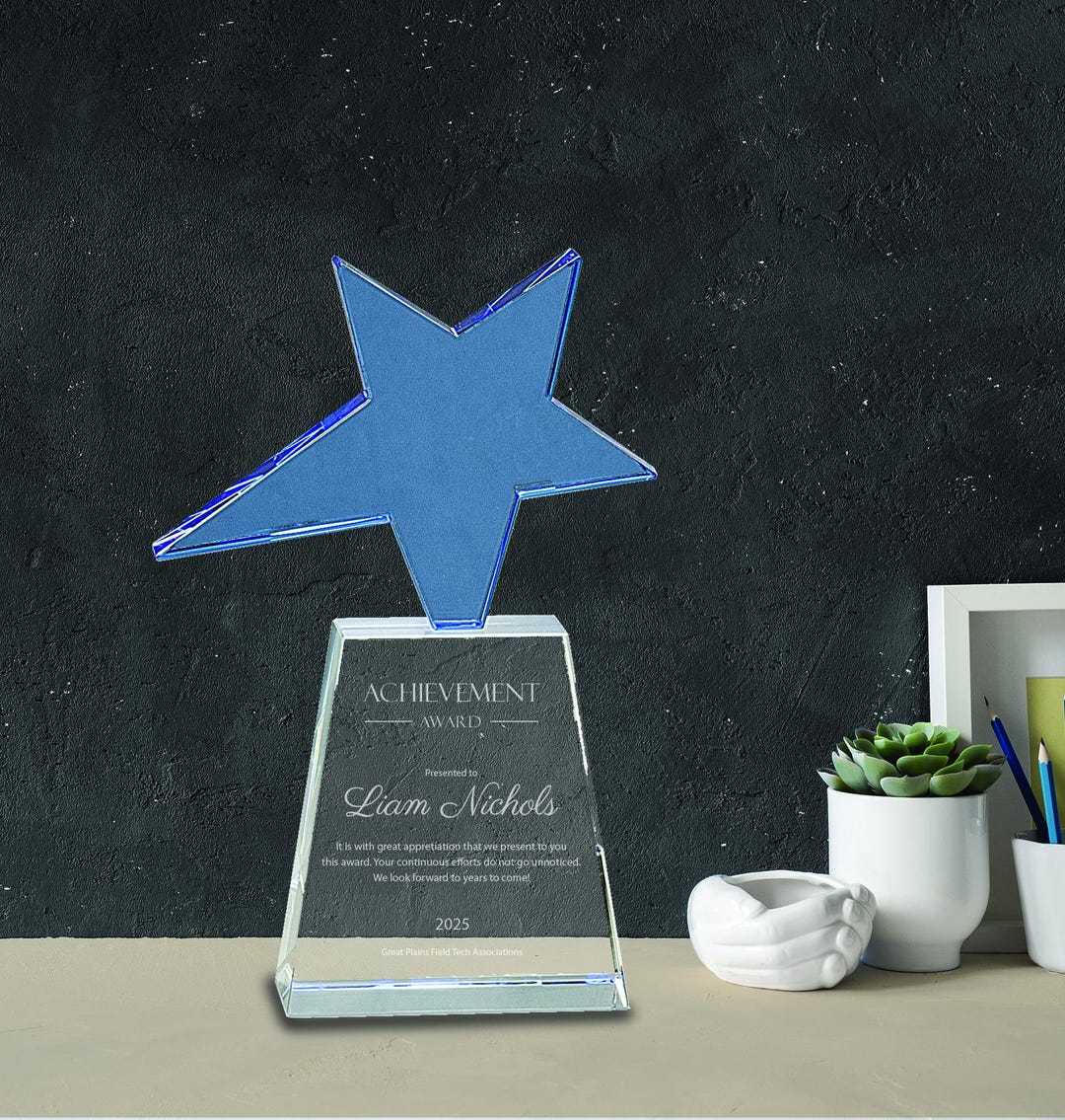 Personalized 8" Blue Crystal Star on Clear Plaque Base Award With Text ...