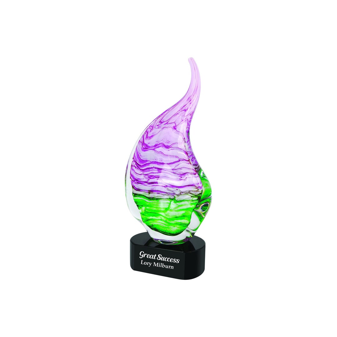 Personalized 15 1/2 Pink and Green Raindrop Art Glass on Black Base ...