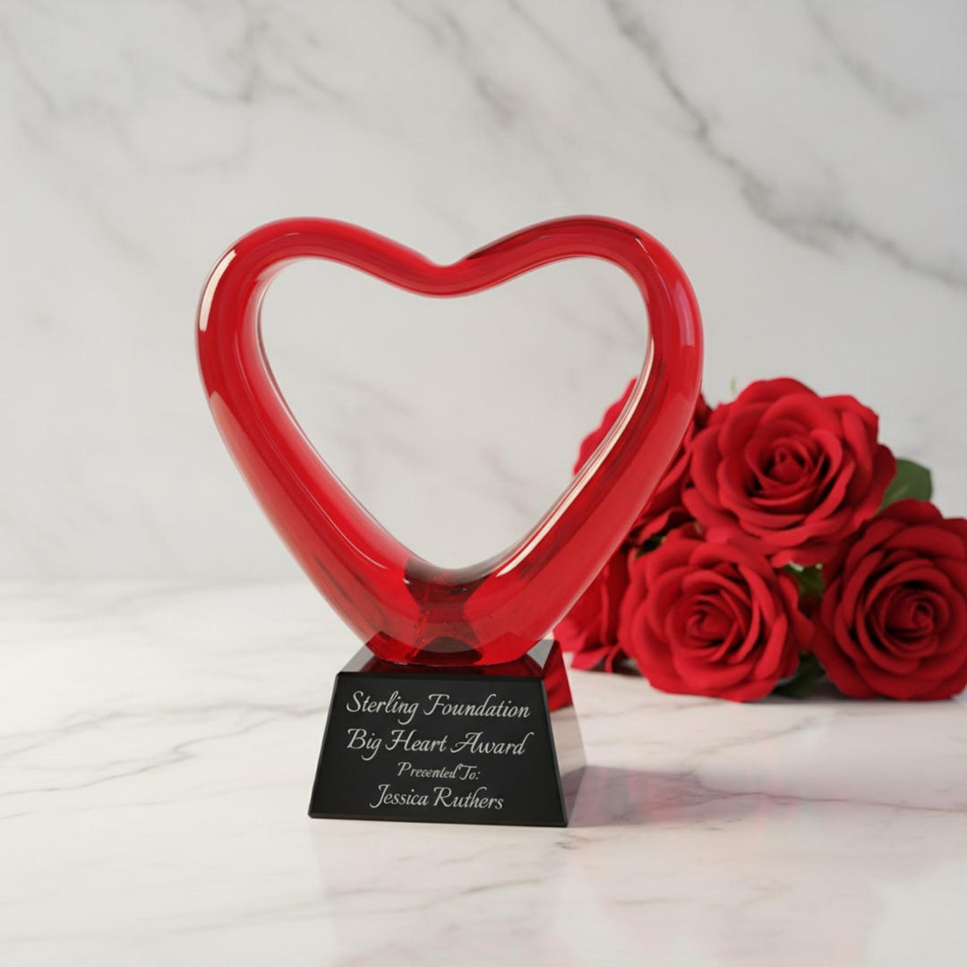Personalized Red Glass Heart Award, Custom Engraved 6 1/2" Glass Heart ...