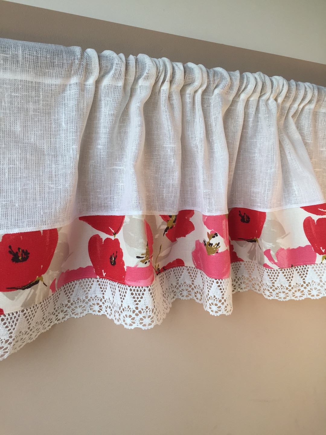 Sheer Linen Valance White Kitchen Curtain Poppies Kitchen Valance Lace ...