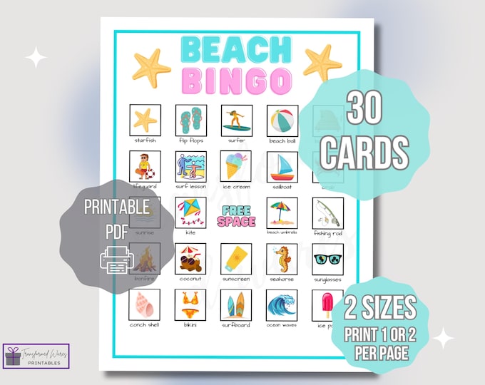 Beach Bingo Game: 30 Unique Cards, Summer Theme (digital Download ...