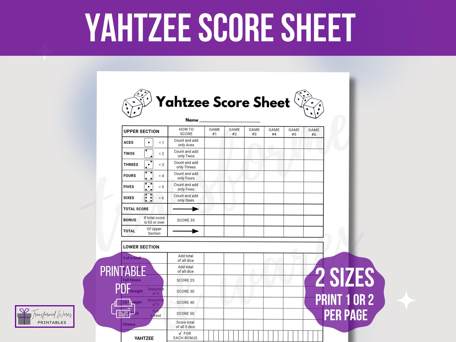Yahtzee Score Sheet Template, Printable Yahtzee Score Sheet, Yahtzee ...