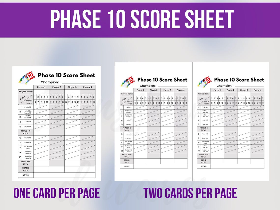 Phase 10 Score Sheet Template, Printable Phase 10 Score Sheet, Phase 10 ...