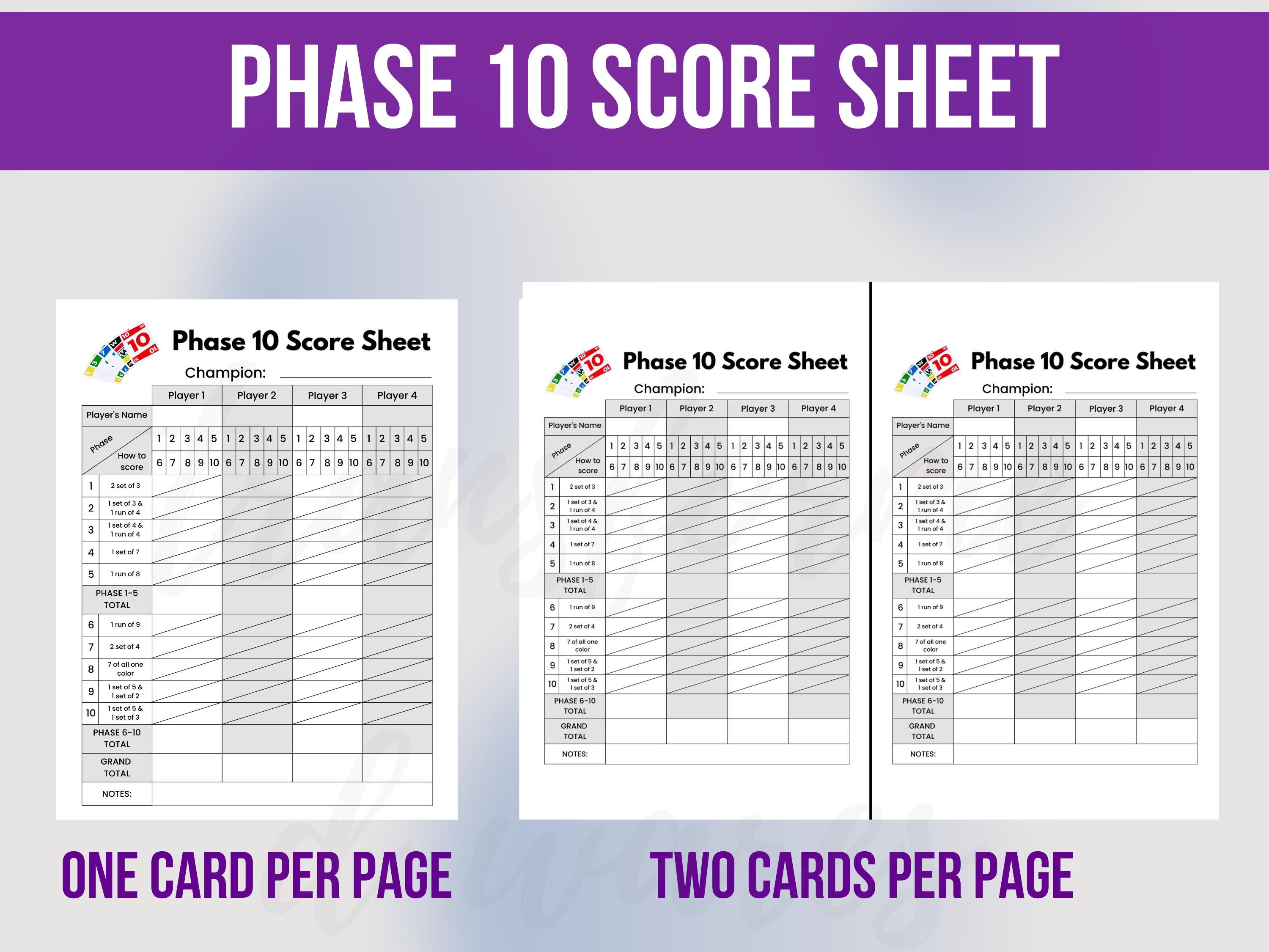 Phase 10 Score Sheet Template, Printable Phase 10 Score Sheet, Phase 10 ...
