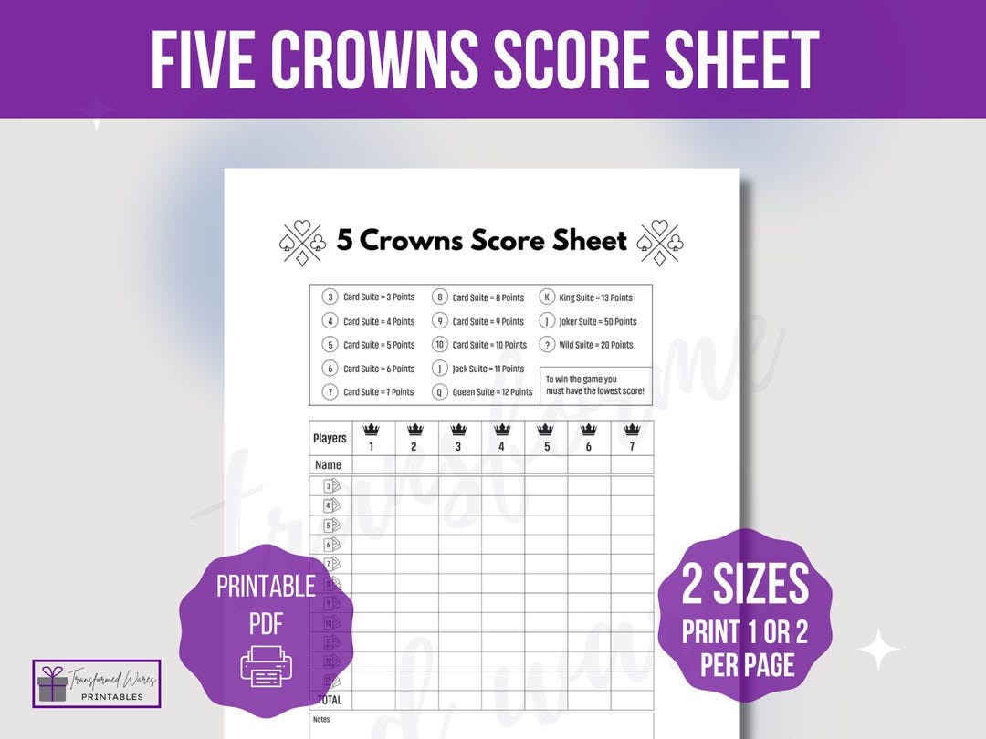 Five Crowns Score Sheet Template, Printable Five Crowns Score Sheet, Five Crowns Card Game Score ...