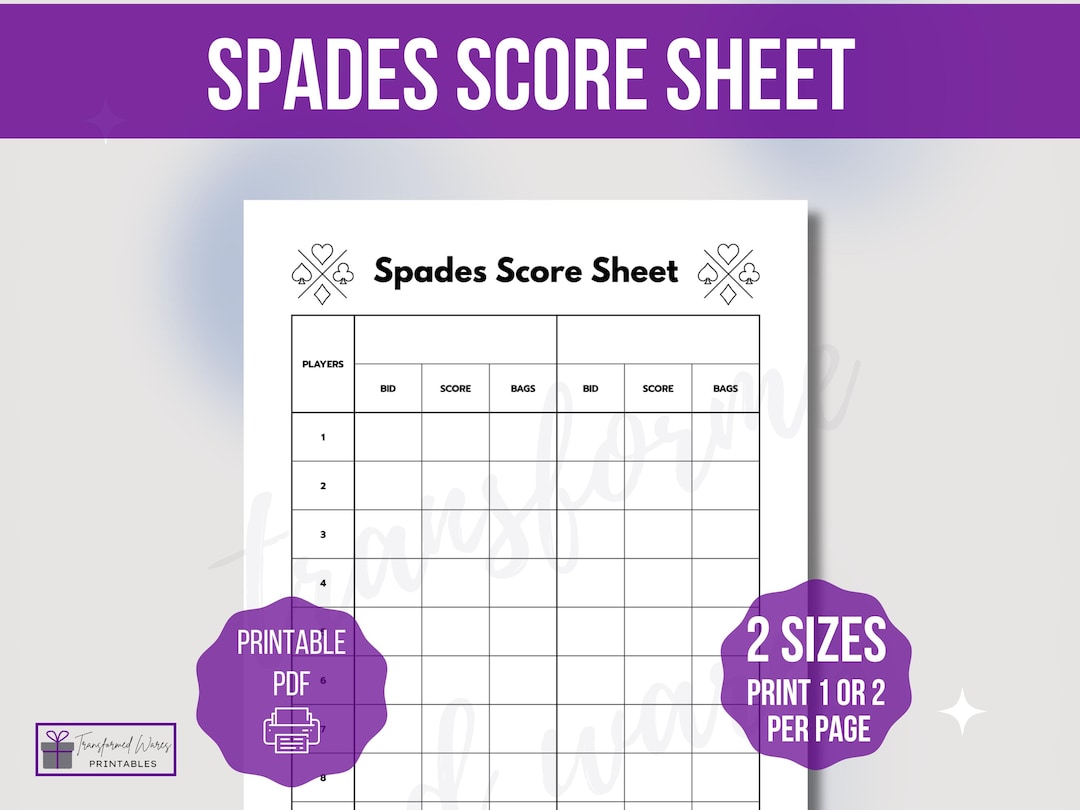 Spades Score Sheet Template, Printable Spades Score Sheet, Spades Card ...