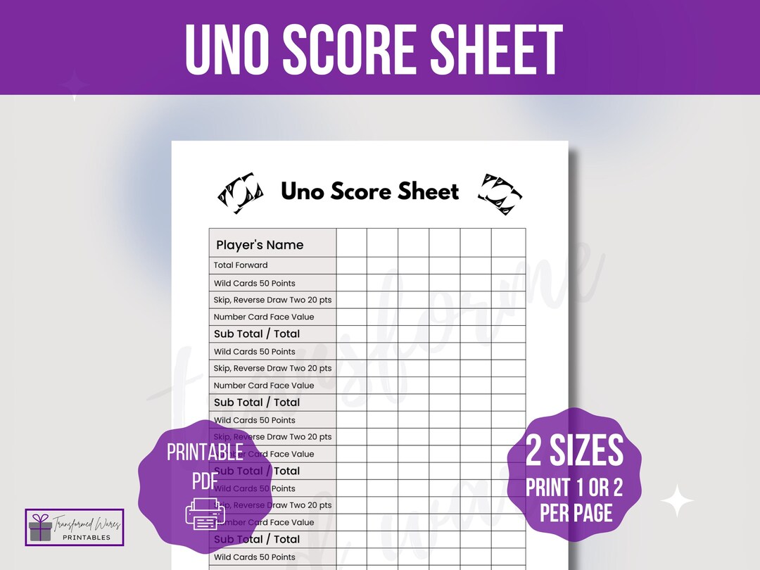Uno Score Sheet Template, Printable Uno Score Sheet, Uno Card Game ...