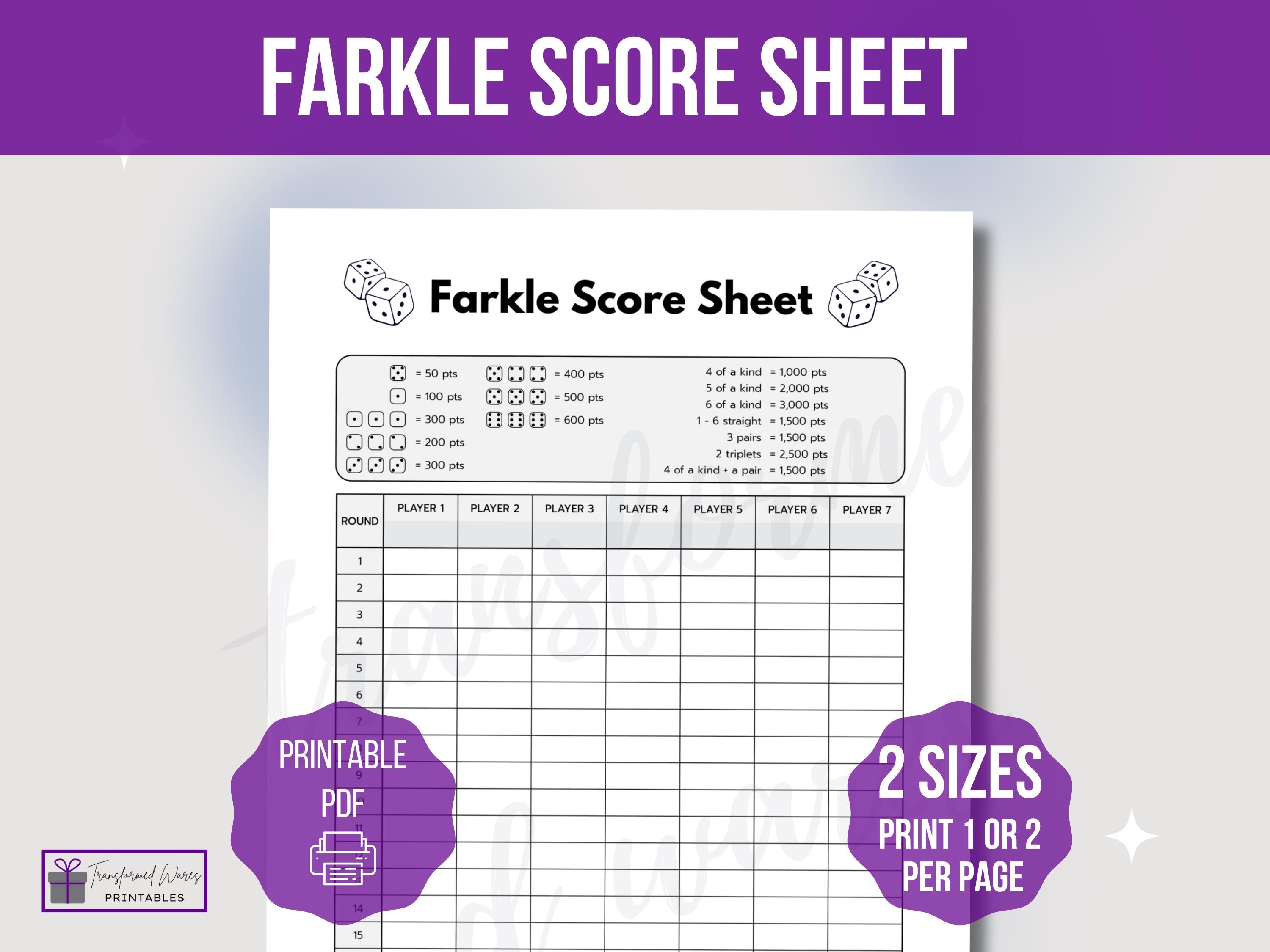 Farkle Score Sheet Template, Printable Farkle Score Sheet, Farkle Game ...