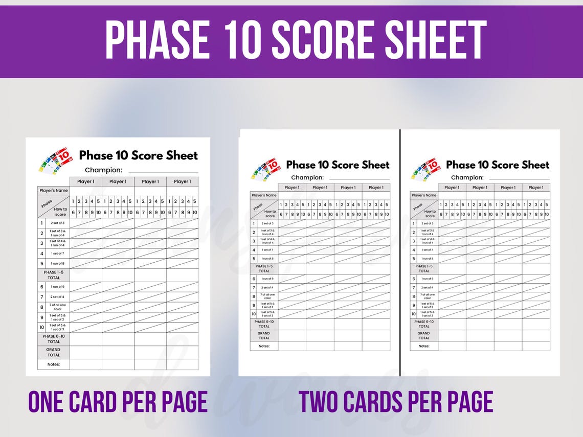 Phase 10 Score Sheet Template, Printable Phase 10 Score Sheet, Phase 10 ...